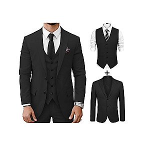 COOFANDY Men's 2 Piece Suit Slim Fit Two Button Blazer Jacket Business Wedding Prom Tuxedo Vest Set Black