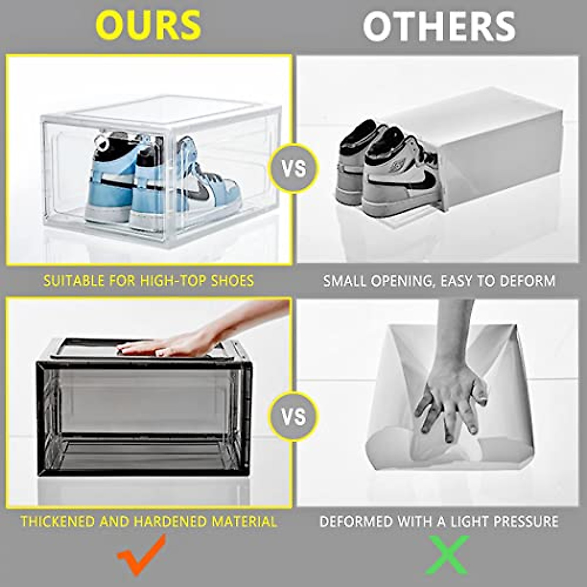 BYFU Shoe Box Drop Front Set of 6, Plastic Stackable Shoe Storage Boxes with Lids, Sneaker Display Case Shoe Organizer Bins for Closet, Easy Assembly (Dark Grey)