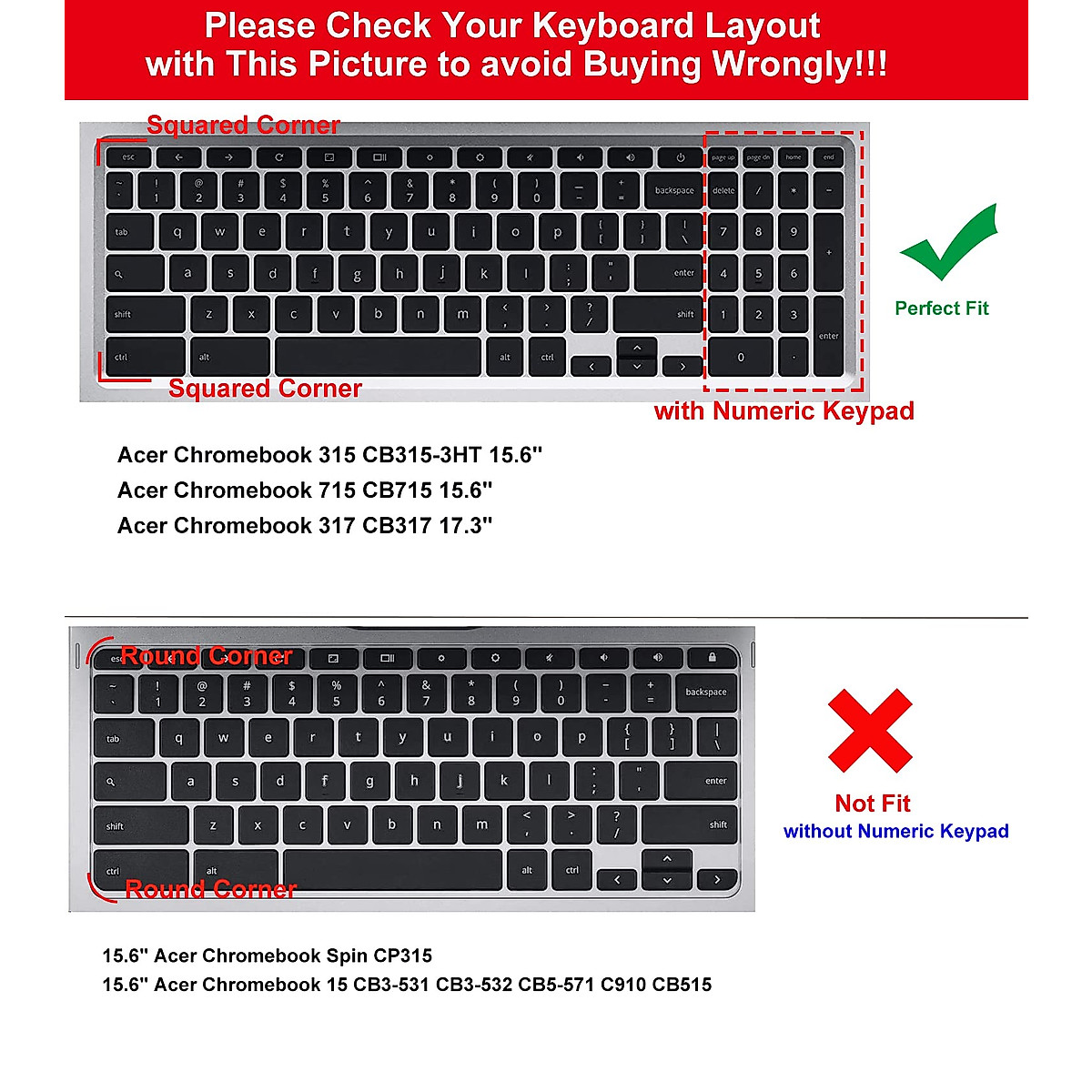 2PCS Keyboard Cover for 15.6" Acer Chromebook 315 CB315 715 CB715 with Numeric Keypad, Acer Chromebook 317 CB317 17.3" Skin Protector, Acer Chromebook 15 Keyboard Cover, Gradual Pink+Clear