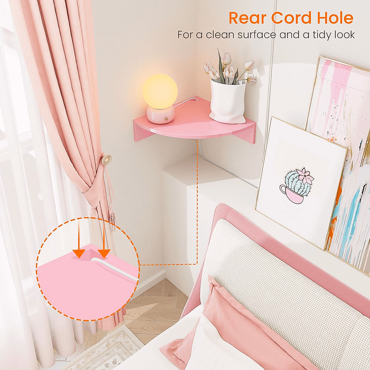 Homode Corner Shelf Wall Mount, Set of 3 Corner Floating Shelves with Cable Hole, 3 Tier Wood Corner Hanging Shelves, Living Room Bedroom Bathroom, Pink