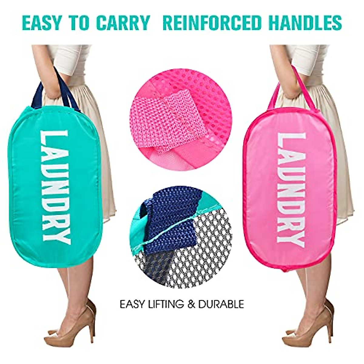 Popup Laundry Hamper, 2 Pack Mesh Hampers for Laundry Collapsible Laundry Basket with Side Pocket Durable Carry Handles Great Laundry Hambers for Kids Room, College Dorm or Travel (Pink + Blue)