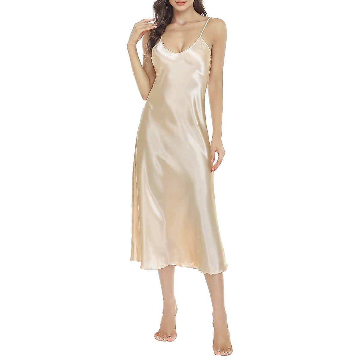 Vlazom Women Sexy Lingerie Satin Nightgown Silk Chemise Mini Slips V Neck Negligee Sleepwear with Adjustable Straps Champagne Yellow Size X-Large