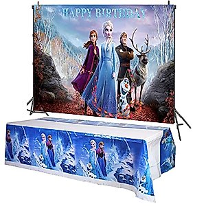 Frozen Elsa Backdrop Birthday Banner for Girl Birthday Party Wall Backdrop and Tablecloth Photography Background Decoration Princess Party Supplies Baby Shower Background for Kids Birthday Party
