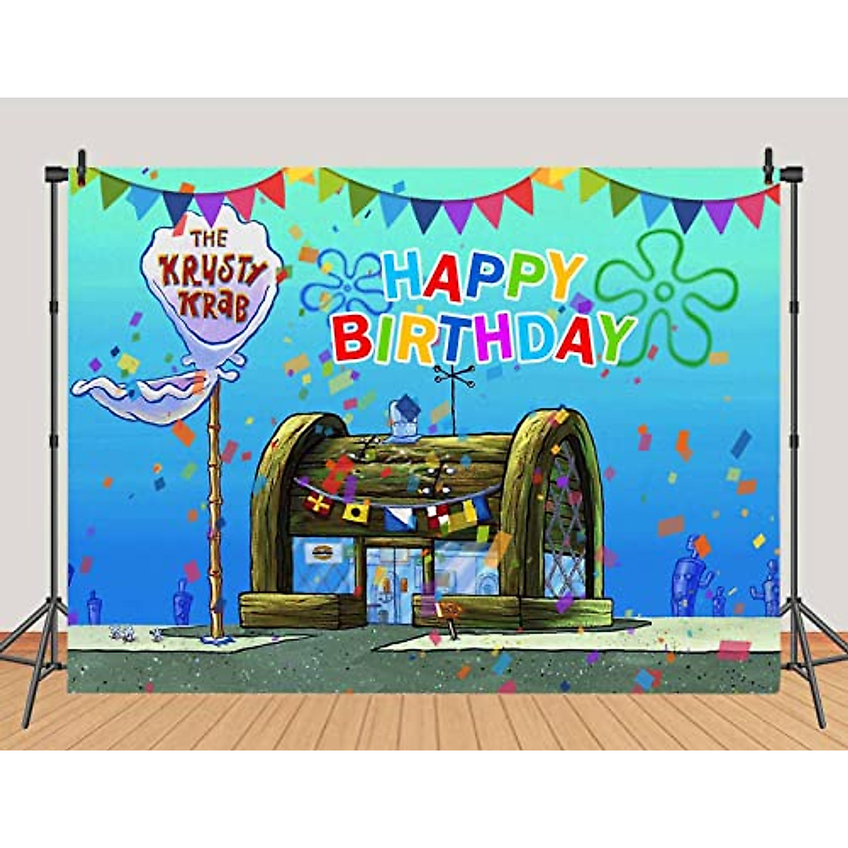 QHY Cartoon Animation Spongebob Theme Photography Backdrop Children Happy 1st Birthday Party decors Banner The Krusty Krab Photo Background Vinyl Baby Shower Booth Studio Props 8x6FT