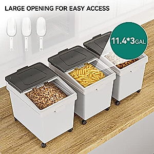 YITAHOME Ingredient Storage Bin, 31.5 Gallons(10.5 Gal x3 Pcs) Capacity Shelf Ingredient Bin, 750 Cups Flour Bins with Wheels Commercial Storage Bins with Black Clear Sliding Lid and Scoop, White