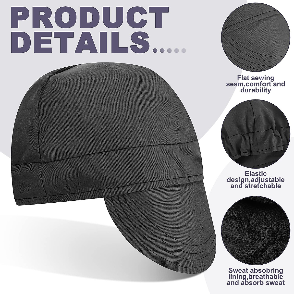 Janmercy 2pcs Welding Caps for Men Flame Resistant Cotton Welding Hat Welder Caps Mesh Inside Liner Elastic Low Crown (Black Gray)