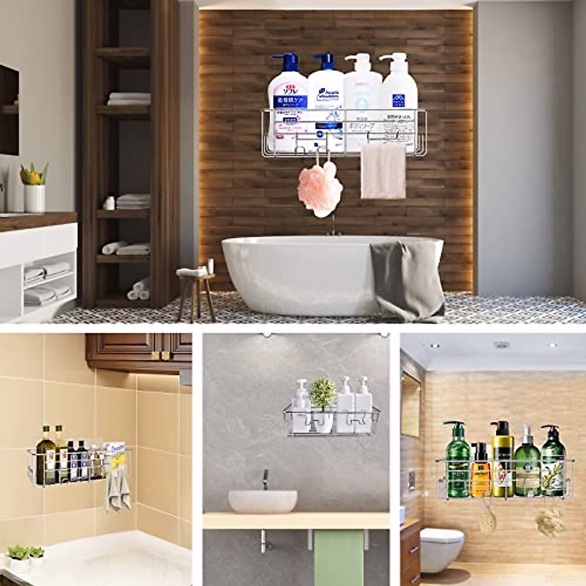 Shower Caddy Bathroom Shelf, CUPAN Shower Caddy Basket Shelf with Soap Dish and Hooks, No Drilling Adhesive Bathroom Shelf SUS304 Stainless Steel Bathroom Kitchen Storage Organizer (2 Pack, Silver)