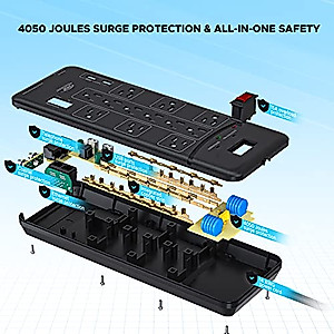 CRST 12-Outlet Surge Protector Power Strip 4050Joules, with USB(3.1A) Ethernet, Cable,Telephone and TV Coaxial Protection, Flat Plug 9-FT Long Cord (Black)
