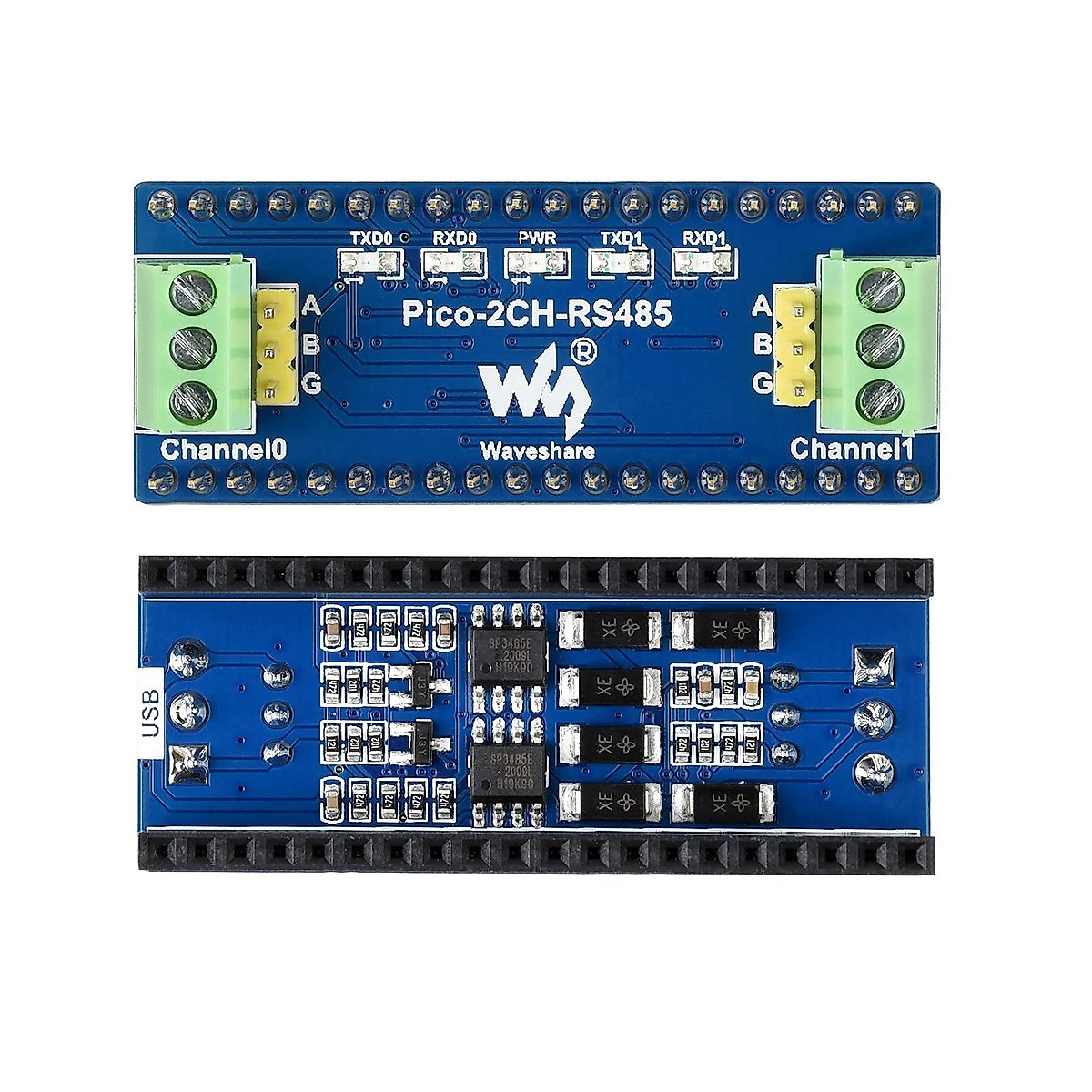 Waveshare 2-Channel RS485 Module Expansion Board for Raspberry Pi Pico, SP3485 Transceiver, UART to RS485, 300500000bps BAUDRATE