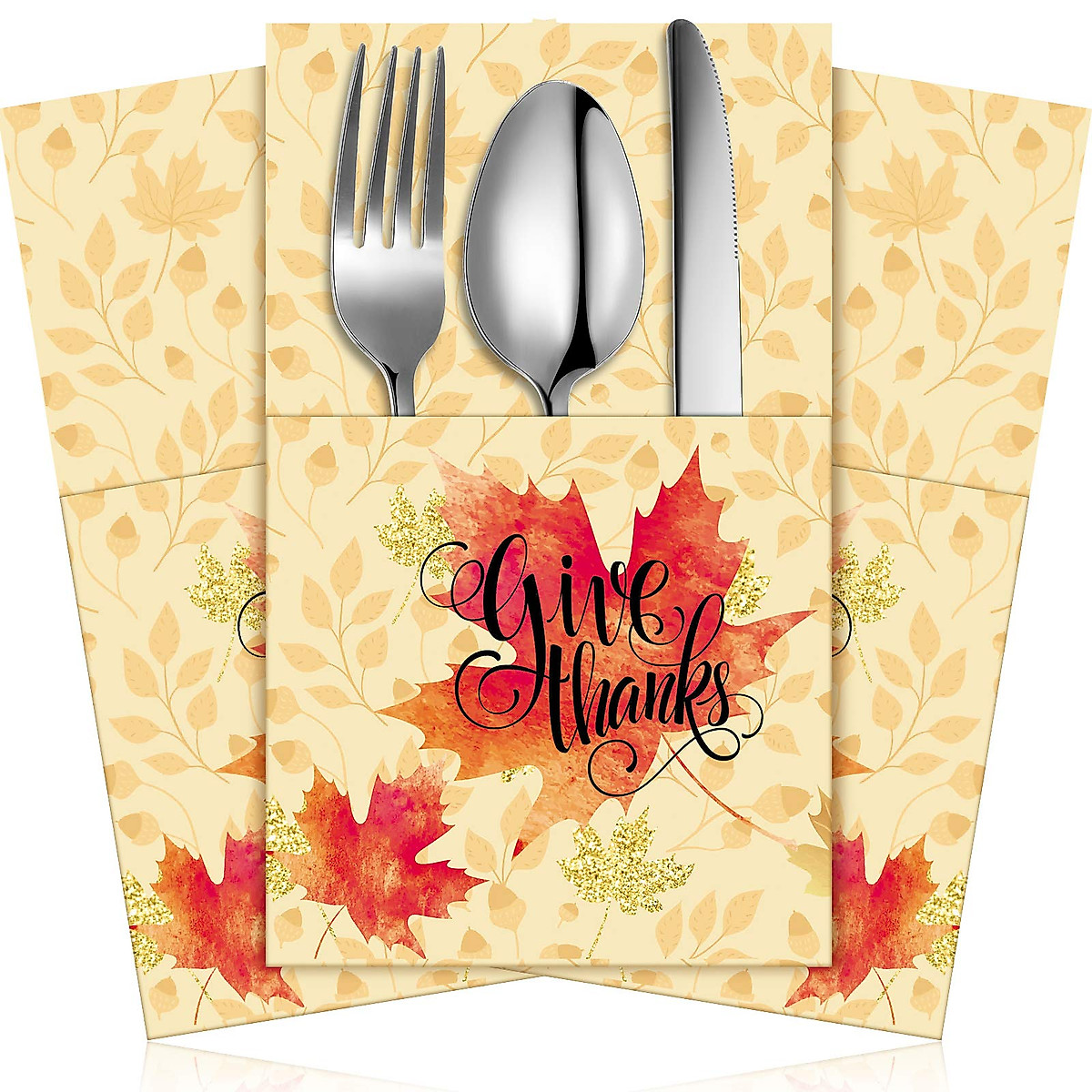 36 Pieces Thanksgiving Utensil Cutlery Napkins Holders Give Thanks Knife Forks Silverware Pouch Bags Cutlery Wraps Table Setting Dinner Decorations Supplies Favor for Autumn Fall Harvest Party