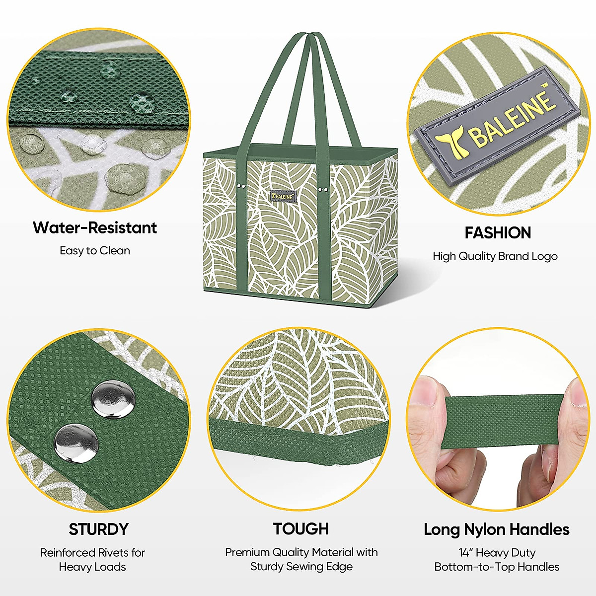 BALEINE 3Pk Reusable Grocery Bags, Foldable Shopping Bags for Groceries with Reinforced Bottom & Handles (Antique Foliage)