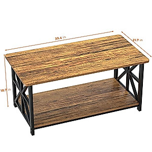 GreenForest Coffee Table with Round Corner, Farmhouse Center Table with 2-Tier Storage Shelf X-Frame Design for Living Room, 39 inch Walnut