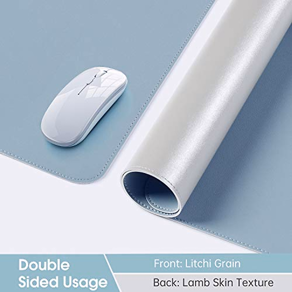 Dual-Sided Desk Pad Office Desk Mat, EMINTA Ultra Thin Waterproof PU Leather Mouse Pad Desk Blotter Protector, Desk Writing Mat for Office/Home (Light Blue/Silver, 31.5" x 15.7")