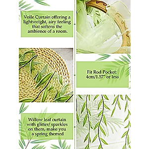 Willow Voile Curtains Cute Green Sheers Leaf Curtain Tulle Vine Window Curtains Nursery Green Sheers Ivy Pretty Curtain for Kids Living Room Bedroom Window Door Balcony (2 Pieces,39.4 x 78.7 Inch)
