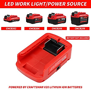 Hiesuan Battery Adapter Charger for Craftsman V20 Li-ion Battery, Power Source with 3W 140LM LED Light, 2 USB Ports, 12V DC Port Flashlight Worklight Outdoor Camping Lantern Light