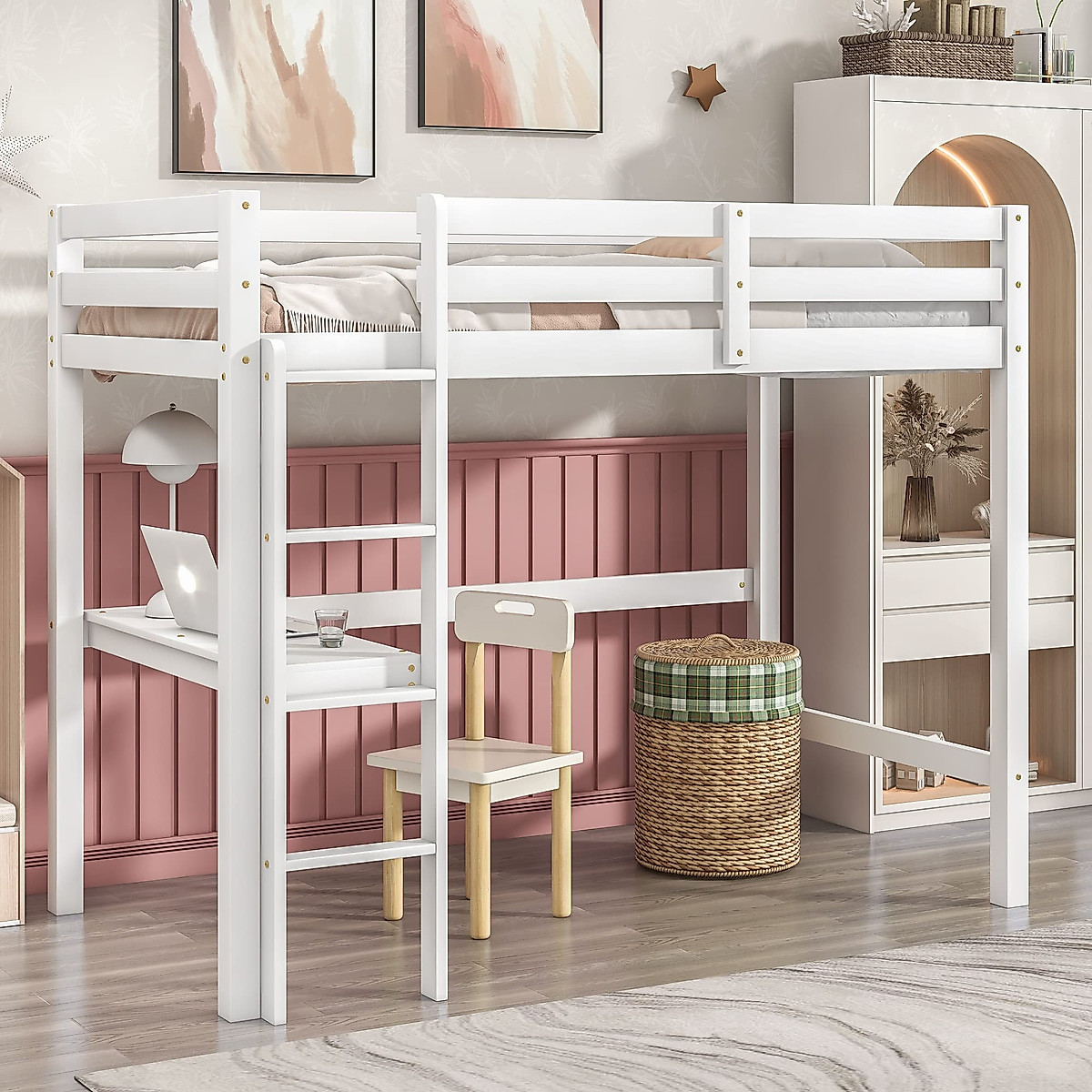 Myshle Twin Loft Bed with Built-in Desk and Ladder, Wooden Bedfame for Kids Teens Bedroom, Space Saving,No Box Spring Need,White
