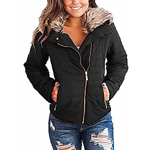 Dokotoo Womens Casual Ladies Winter Faux Fur Collar Zip Up Open Front Quilted Puffer Jacket Coat Outerwear with Pockets Black Small