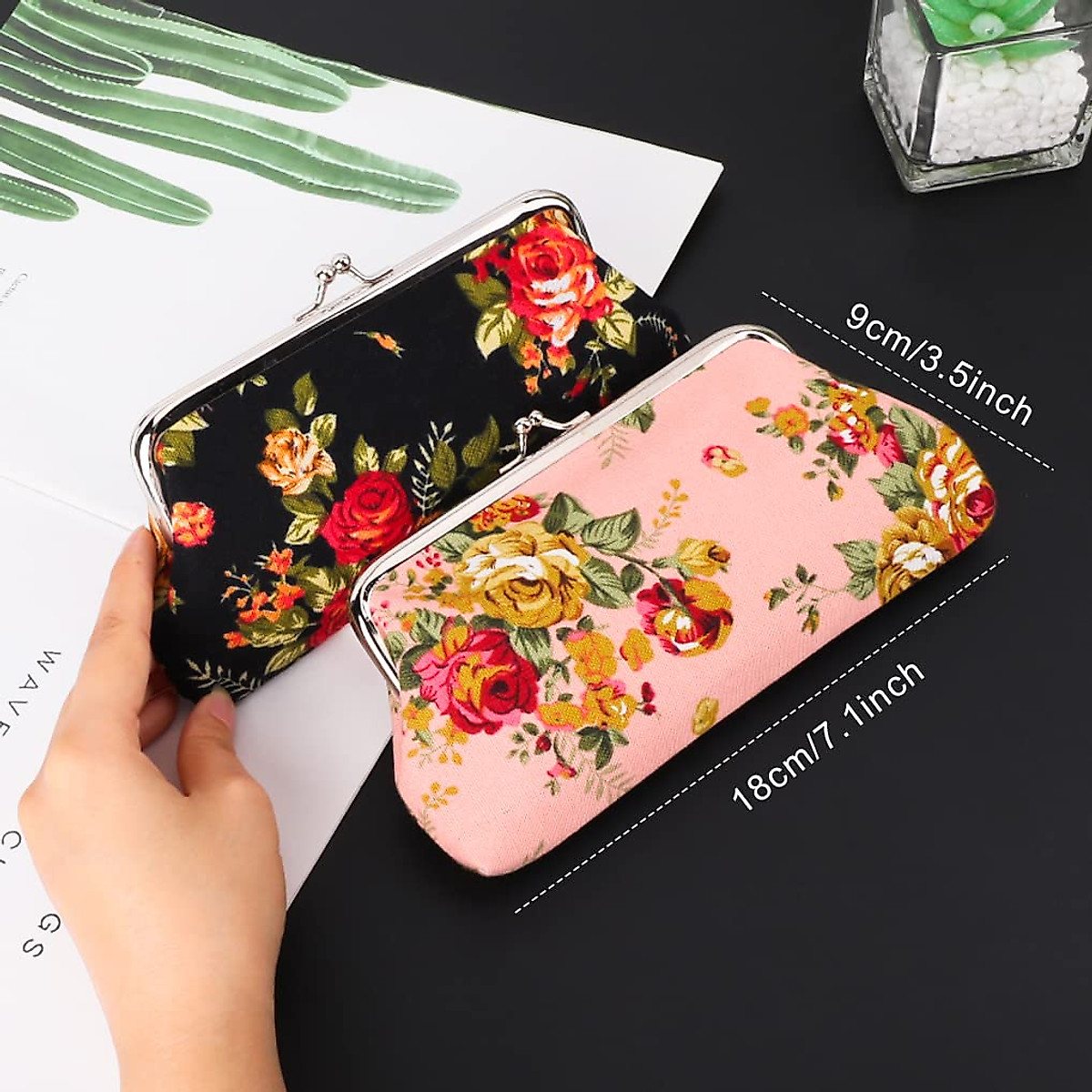 Oyachic 2 Pcs Large Coin Purse,Floral Change Purse,Long Wallets Clasp Kiss Lock, Vintage Coin Pouch for Woman Girls