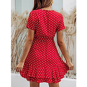 ECOWISH Women's V Neck Polka Dot Ruffles Mini Sexy Dress Short Sleeve Wrap Summer Dresses with Belt Red Small