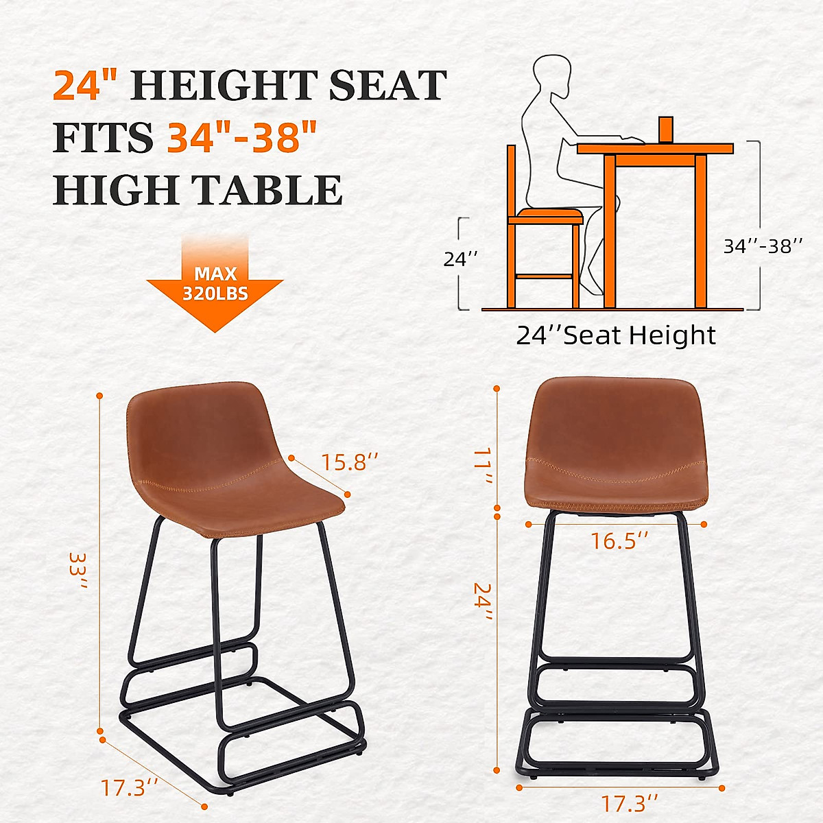 Counter Stools Industrial Faux Leather Bar Stools Set of 2,Urban Armless Dining Chairs with Metal Legs Modern Counter Height Barstools for High Desk Home Office Restaurants,24"
