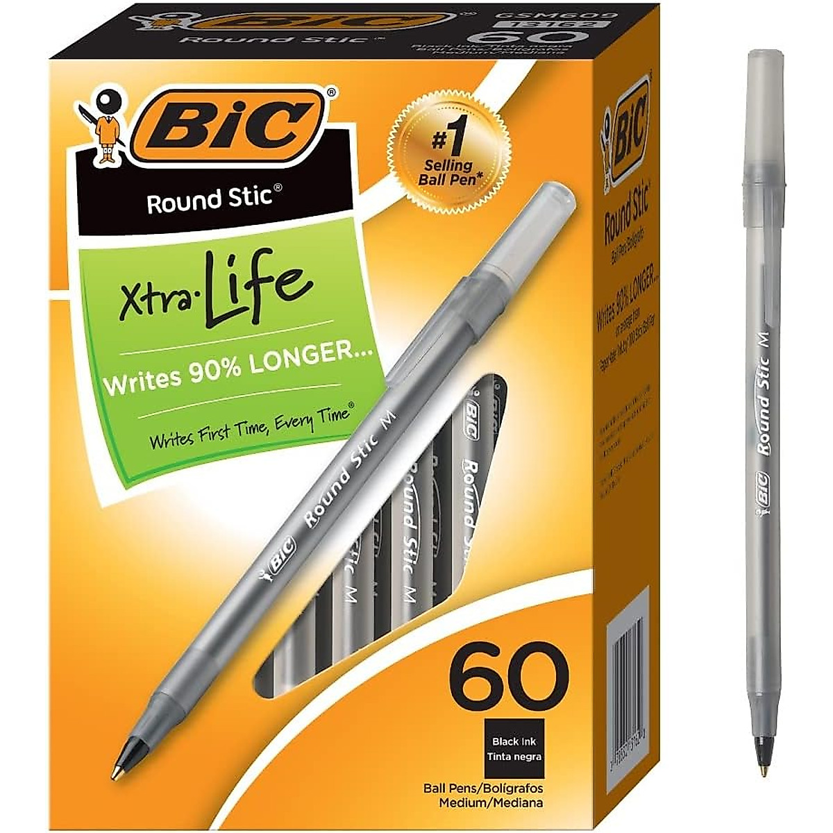 BIC Round Stic Xtra Life Ballpoint Pens, Medium Point (1.0mm), Black, 60-Count Pack, Flexible Round Barrel For Writing Comfort (GSM609-BLK)
