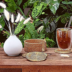 Eneocare Handmade Natural Rattan Coasters for Drinks, Wicker Boho Coasters, Woven Coasters for Drinks | Heat Resistant Reusable Saucers, Round Straw Trivet for Teacup, Set of 6 with Holder