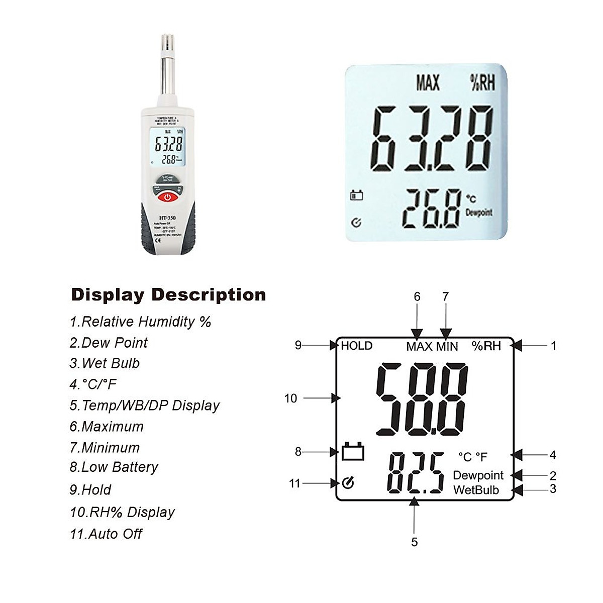 Hygro-Thermometer Psychrometer, Handheld Digital Humidity Temperature Meter with Dew Point and Wet Bulb Temperature, Dual Display Temperature & Humidity, Hti-Xintai