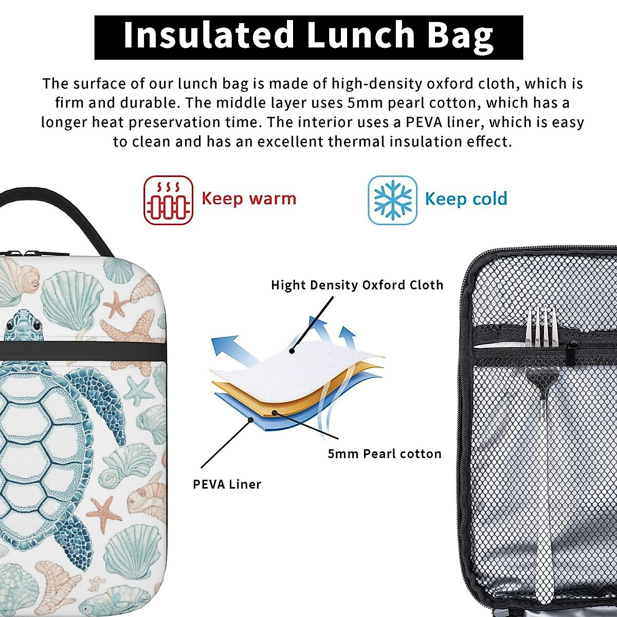 KiuLoam Insulated Lunch Box Sea Turtle Starfish Shells Reusable Lunch Bag With Shoulder Strap For Women/Men/Girls/Boys Lunchbox Meal Tote Bag