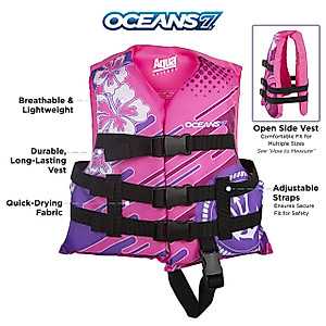 Oceans7 US Coast Guard-Approved, Type III – Kids Life Jacket – Personal Flotation Device with with Comfortable Flex-Form-Fit Open-Sided Design – Pink/Berry