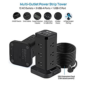BEVA Power Strip Tower with USB Ports, 10 FT Surge Protector Power Tower, 12 AC and 4 USB Ports, 10 FT Extension Cord with Multiple Outlets, Household Essentials Office Supplies Office Organization