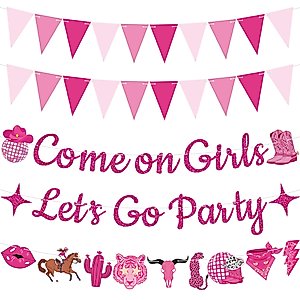5 PCS Let’s Go Party Banner Hot Pink Party Decorations Cowgirl Pennant Flag Come on Girls Banner Princess Themed Hanging Decor for Birthday Princess Wedding Bridal Shower Party Supplies