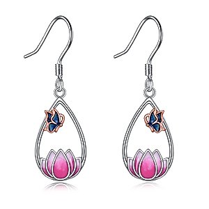 Lotus Earrings Sterling Silver S925 Hypoallergenic Lotus Flower Dangle Earrings for Mother's Day Jewelry For Women