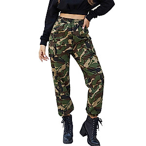 guyueqiqin Women's Cargo Pants, Casual Outdoor Solid Color Elastic High Waisted Baggy Jogger Workout Pants with Pockets(M,Camouflage)
