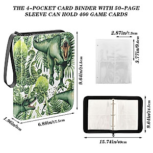 Dinosaur 4 Pockets Trading Card Album Folder for Cards PU Cover Zip Card Binder with 400 Side Loading Pockets 3-Ring Card Collector Holder for Collectible Boys Girls Game Sports Cards MTG TCG