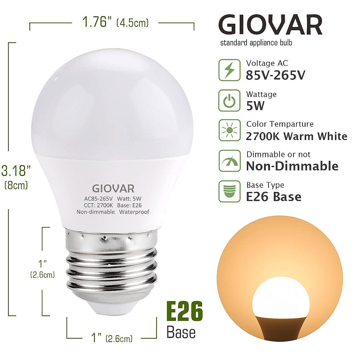GIOVAR LED Range Hood Light Bulbs Replacement, 40 Watt Equivalent, LED Appliance Bulb for Refrigerator/Stove Hood/Fridge, 2700K SOFE White, E26 Base, Waterproof, Non-Dimmable, Pack of 2