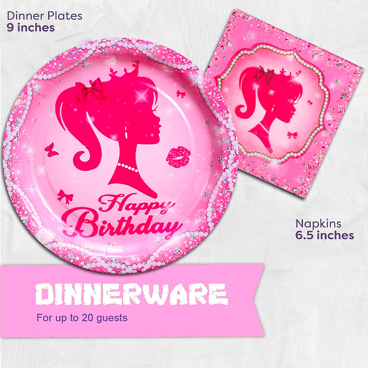 161CT Pink Girl Babe Happy Birthday Party Supplies Babe Head Paper Plates Cups Straw Napkins Spoon Fork knives Tablecloth Hot Pink Girl Party Decorations Tableware for 20 Guests for Bday Baby Shower