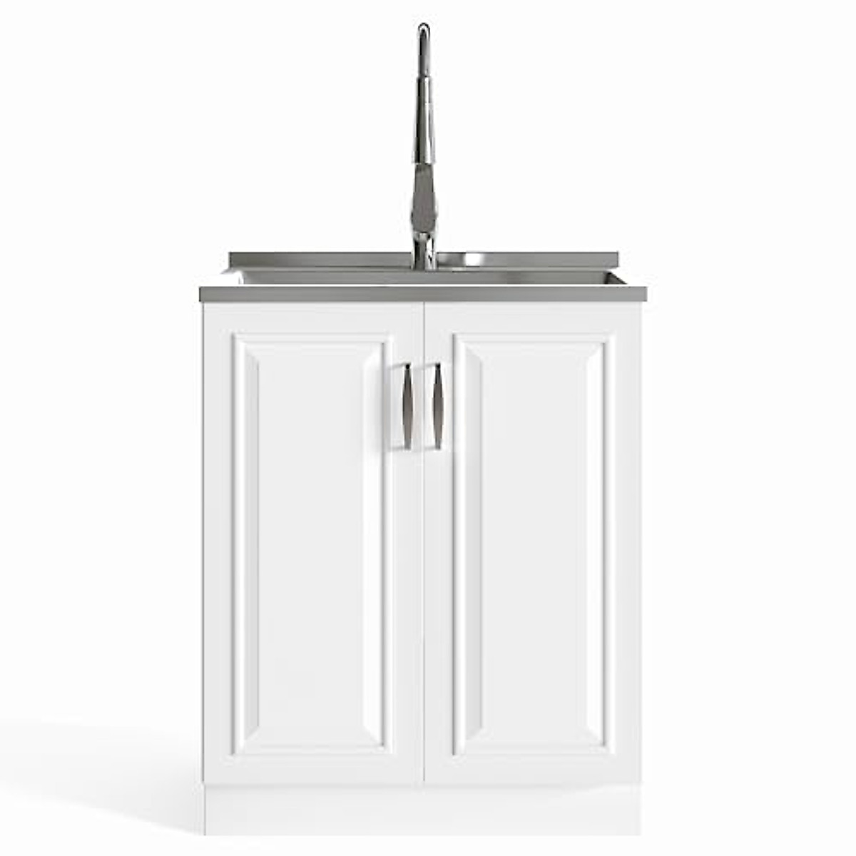 SIMPLIHOME Darwin Contemporary 28 Inch Deluxe Laundry Cabinet with Pull-out Faucet and Stainless Steel Sink in White, For the Laundry Room and Utility Room