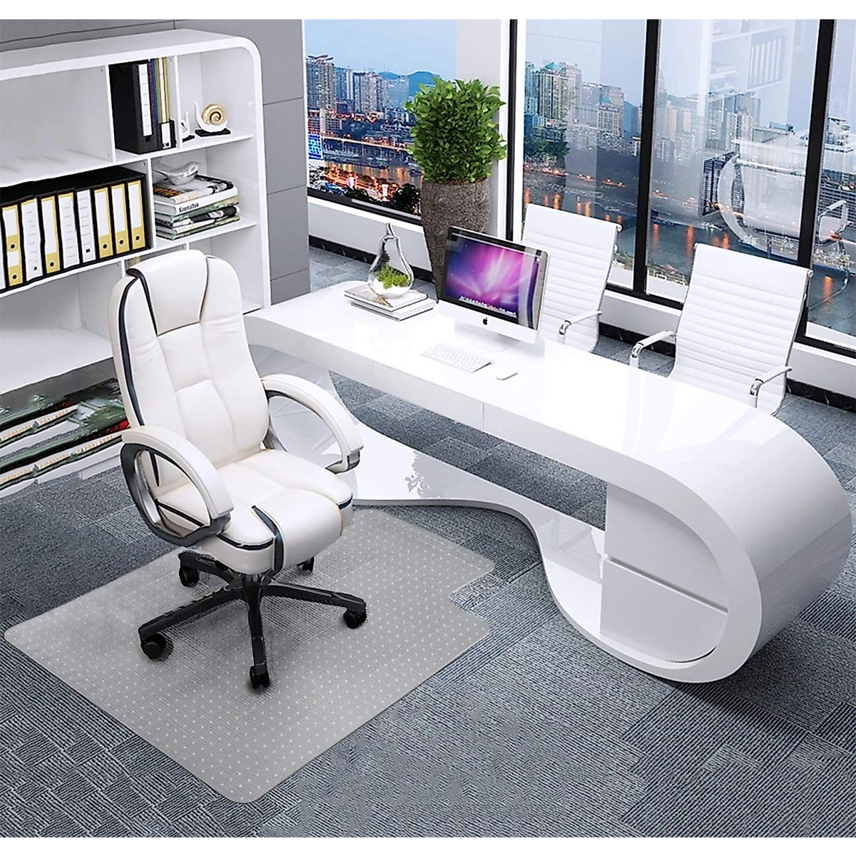 100pointONE Chair Mats for Carpeted Floors - 53'' x 45'' 0.09'' Thick Transparent Floor Mats for Low Flat and No Pile Carpet, with Grippers (53'' x 45'' with Lip)