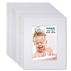 Egofine 8x10 White Picture Mats Pack of 14, Frame Mattes for 5x7 Pictures, Acid Free, 1.2mm Thickness, with Core Bevel Cut