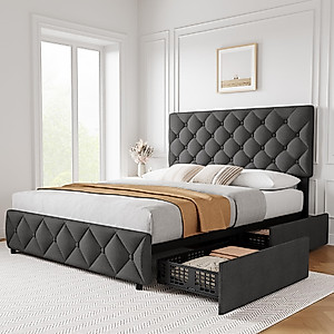 GAOMON Queen Size Bed Frame with 4 Storage Drawers and Headboard, Linen Upholstered Platform Bed Frame with Wooden Slats Support, Diamond Stitched Button Tufted, No Box Spring Needed, Dark Grey