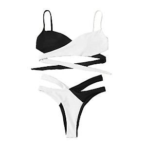 Lilosy Sexy Wrap Criss Cross Cutout Two Tone Color Block High Cut Leg Thong Brazilian Bikini Swimsuit Set Women Cheeky Bottom Tie Back Bathing Suit 2 Piece White and Black 2# Medium