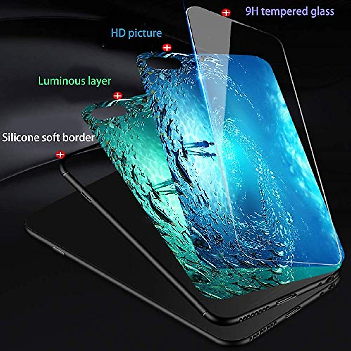 Leton-US Xiaomi Redmi Note 9S/Note 9 Pro Case Silicone Luminous Noctilucent 9H Tempered Glass Back Cover Soft Slim TPU Bumper Shockproof Phone Case Cover for Redmi Note 9S Glow in Dark Meteorite