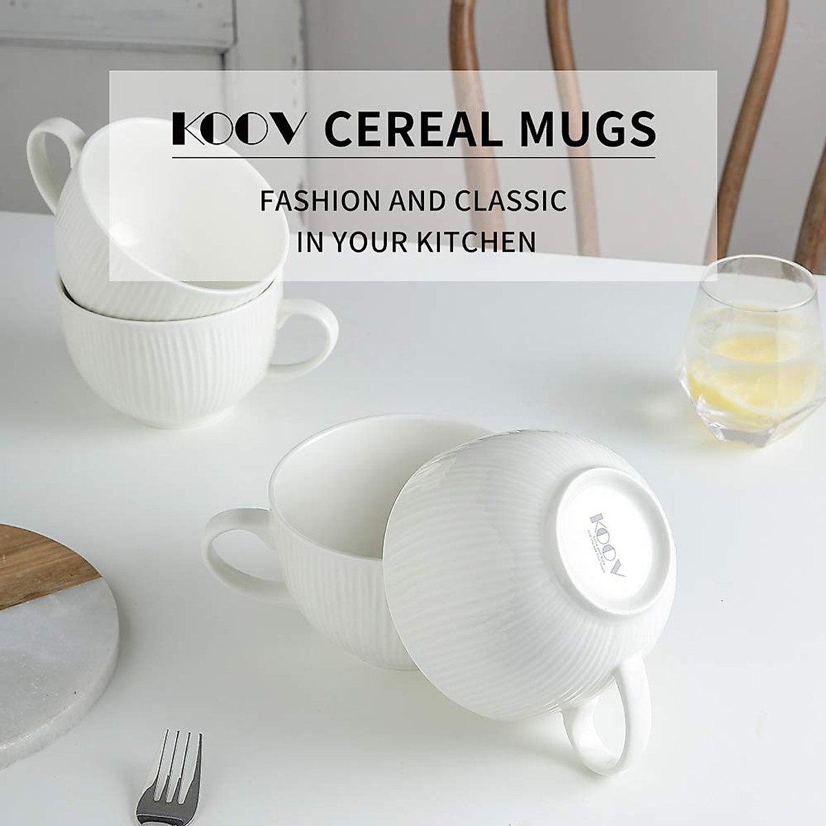 KOOV Jumbo Soup Mug, Soup Bowls with Handles Microwave Safe, Ceramic Soup Mugs with Handles, Jumbo Mug Set of 4, 24 Ounce (White)