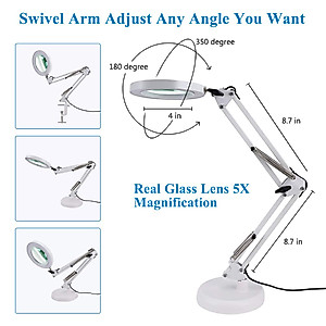 Magnifying Glass with Light and Stand,Adjustable Swing Arm LED Magnifying Light 5-Diopter Glass Lens,3 Color Modes Stepless Dimming-5X, for Close Work, Repair, Crafts, Reading,Sewing-White