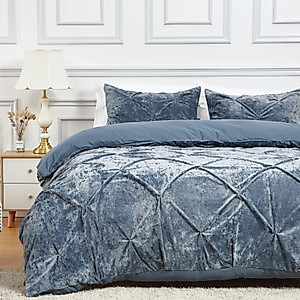 CAROMIO Velvet Duvet Cover Queen Size - Luxury Pinch Pleated Duvet Cover Bedding Set Soft Pintuck Velvet Comforter Cover Set with Corner Ties and Button Closure, Blue, 90"x90"
