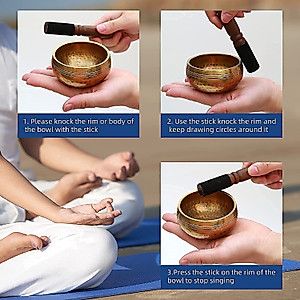 Tibetan Singing Bowl Set (3.74 inch) with Meditation Singing Bowl, Tingsha Cymbals for Healing, Yoga, Meditation, Mindfulness and Relaxation（Antique Light Brown 004）