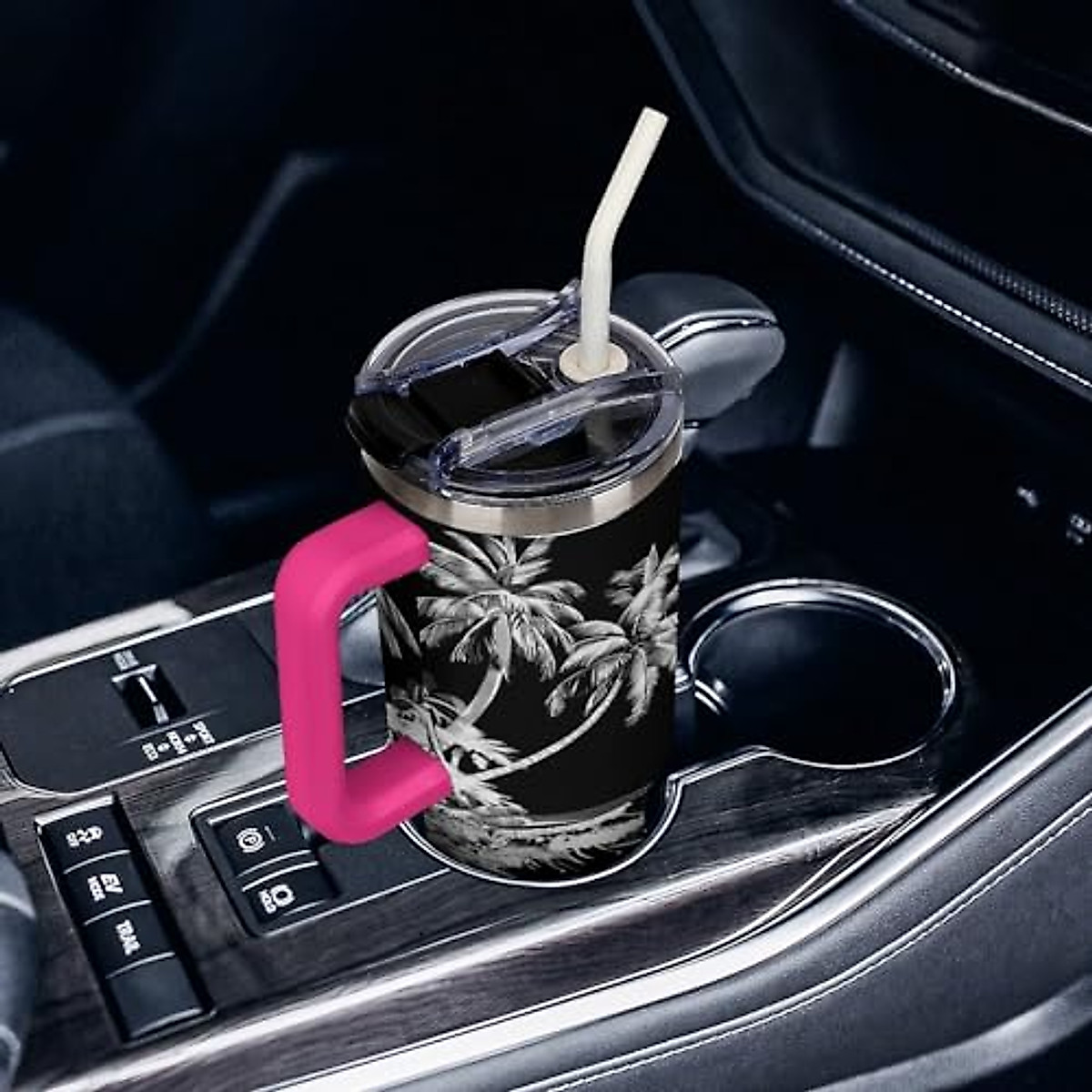 Palm Tree Black 40 Oz Tumbler Insulated Stainless Steel Water Bottle Travel Mug Car Cup with Handle And Straw