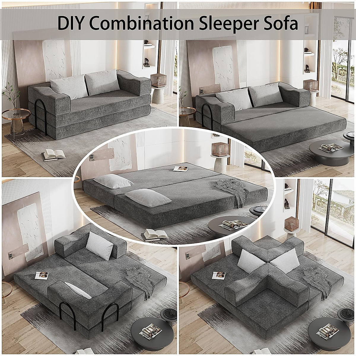 Folding Sofa Bed - 80" Convertible Couch Bed with 2 Pillows, Fold Out Couch, Foam Spring Floor Mattress, Futon Couch, King Size Bed Mattress for Living Room/Dorm/Guest Room/Home Office (Gray, 80")