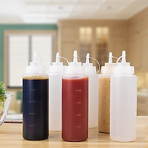 Squeeze Bottles for Sauces,16oz Plastic Bottles with Squeeze Top Set of 6 Refillable Clear Squeeze Bottle with Squirt Nozzle,Leakproof Lid and Measurements for Ketchup, Sauces, Cooking Oil, Syrup