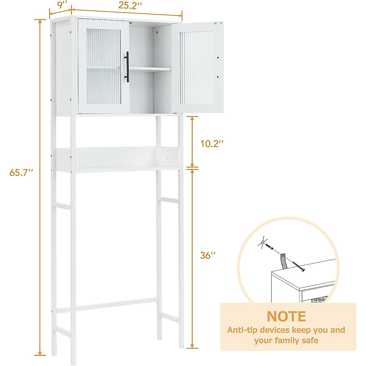 coucheta Over The Toilet Storage Cabinet with Glass Doors, Bathroom Above Toilet Storage Cabinet with Adjustable Shelves, Large Capacity Bathroom Organizer, White
